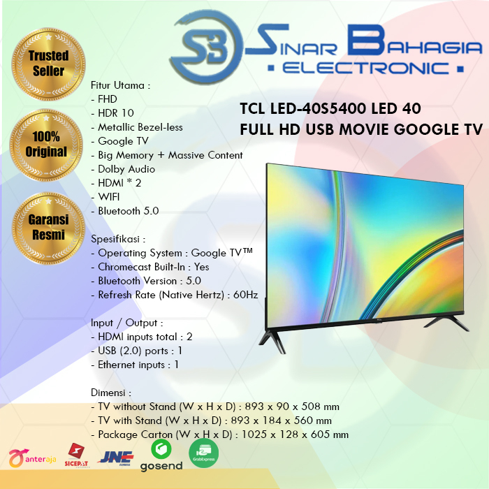 Jual TCL LED-40S5400 LED 40 FULL HD USB MOVIE GOOGLE TV (NEW) (KHUSUS BANDUNG) | Shopee Indonesia