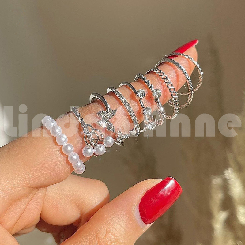 Jual [9Pcs] Jual Set Cincin Silver Fashion Mewah Untuk Wanita Aksen Berlian Imitasi dan Mutiara ...
