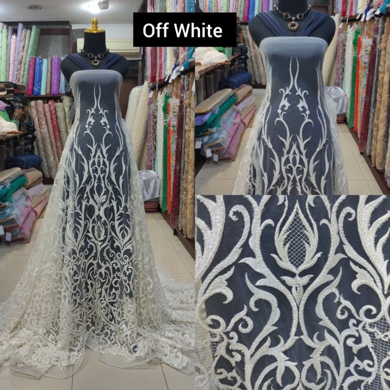 Jual Kain Tile Brokat Payet Batu Payet Akar Premium Bridal Offwhite ...