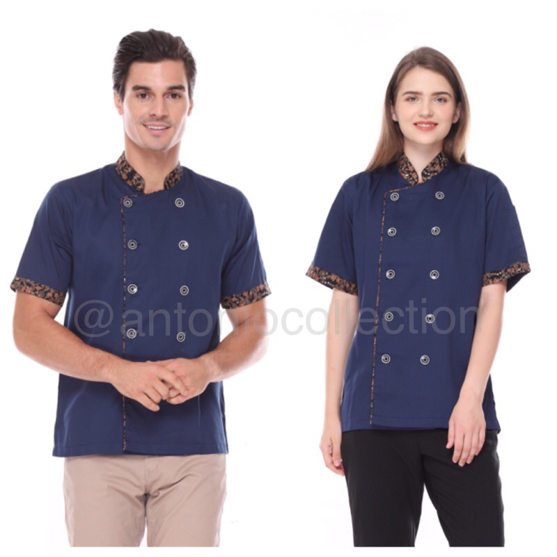 Jual Baju Koki / Chef Jacket Biru Dongker Navy Lis Batik Lengan Pendek ...