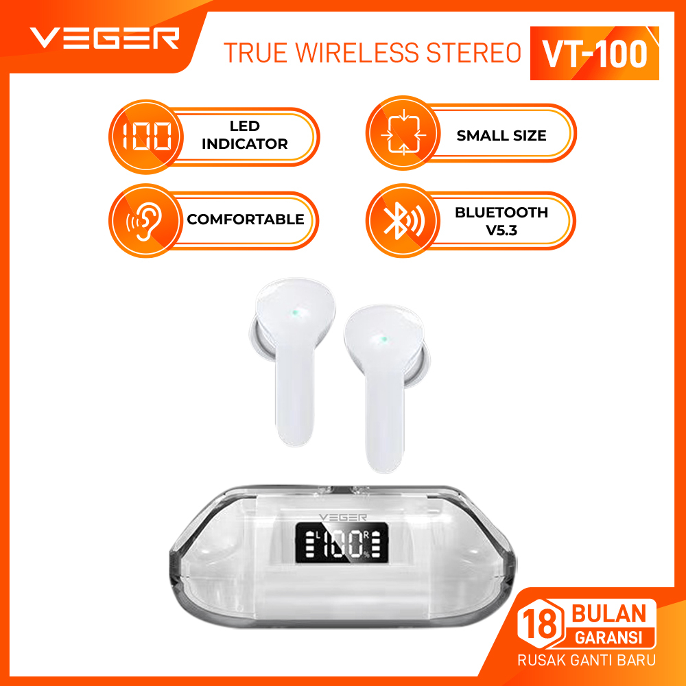 Jual VEGER VT-100 TWS True Wireless Earphone Stereo Headset bluetooth 5.3 | Shopee Indonesia