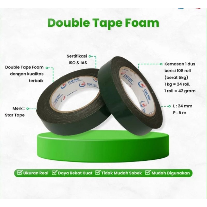 Jual Isolasi Double Tape Foam Spon Hijau 24mm x 5m Merk Seven Star ...