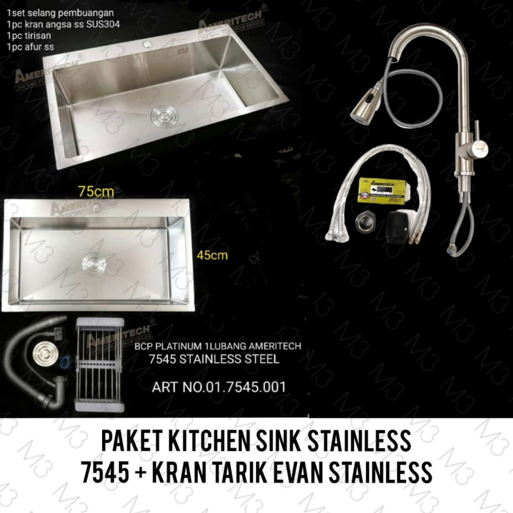 Jual PAKET KITCHEN SINK STAINLESS 7545 + KRAN TARIK EVAN STAINLESS ...