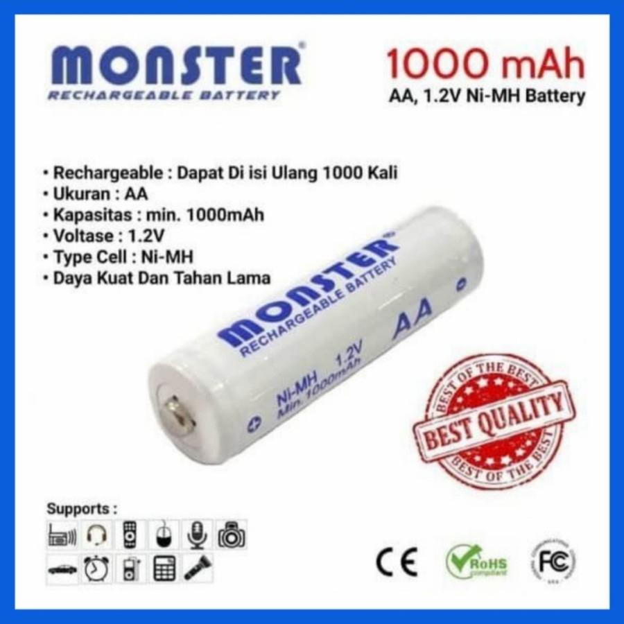 Jual Baterai Cas a2 AA 1000mAH MONSTER Isi Ulang Ni MH 1.2v Battery Bat ...