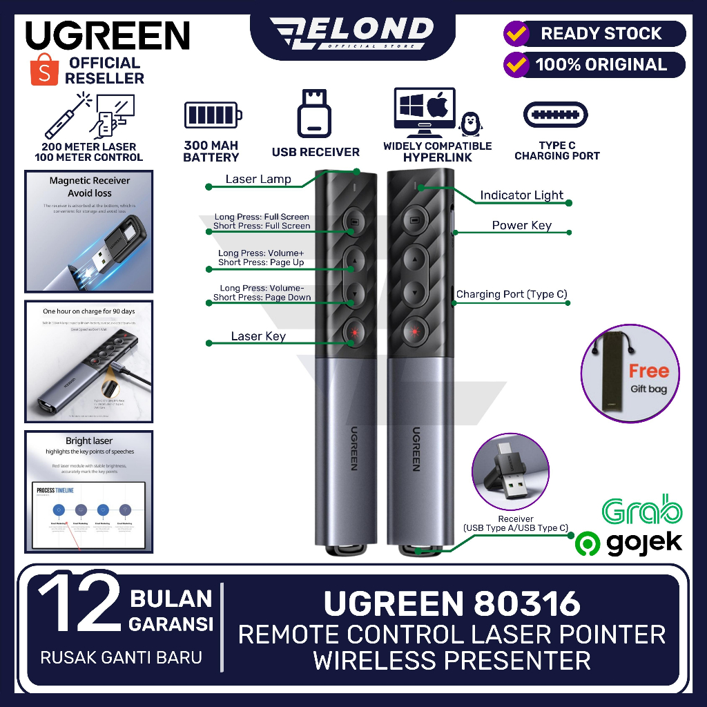 Jual Laser Pointer Presentasi Presentation UGREEN 60327 Remote Control Presentasi Wireless 2 ...