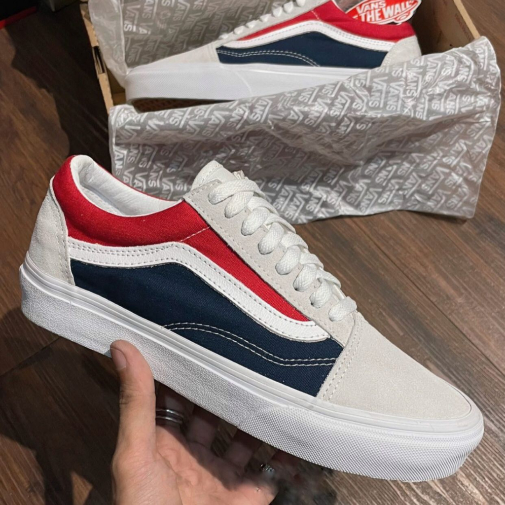 Jual Vans Classic Old Skool Retro Block - White / Red-Navy | Shopee ...