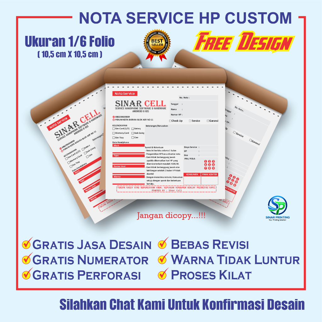 Jual NOTA SERVIS HP CUSTOM UKURAN 1/6 FOLIO NOTA KONTER - NOTA SERVICE ...