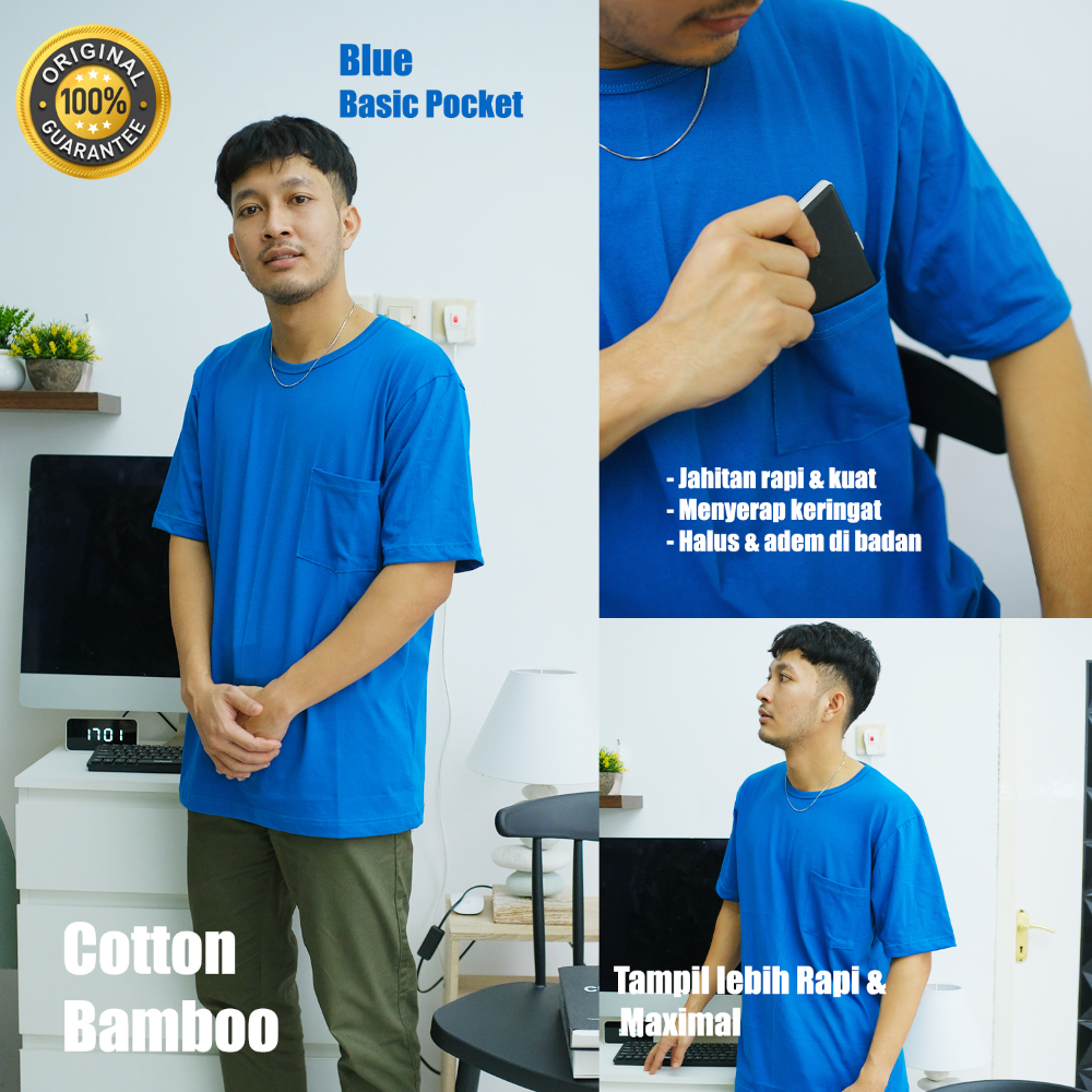Jual [ ANTI BAKTERI ] Kaos Pocket Katun Bambu / Kaos Pocket Cotton Bamboo Blue | Shopee Indonesia