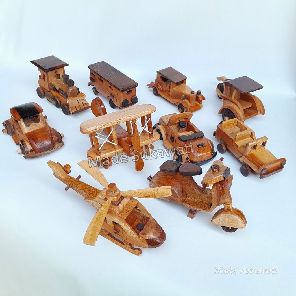 Jual Miniatur Kayu mobil kendaraan becak pesawat helikopter motor mini ...