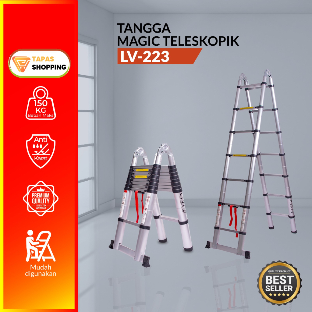 Jual Tangga Lipat Aluminium Tangga Teleskopik Ganda LV-223 14 Step | Shopee Indonesia