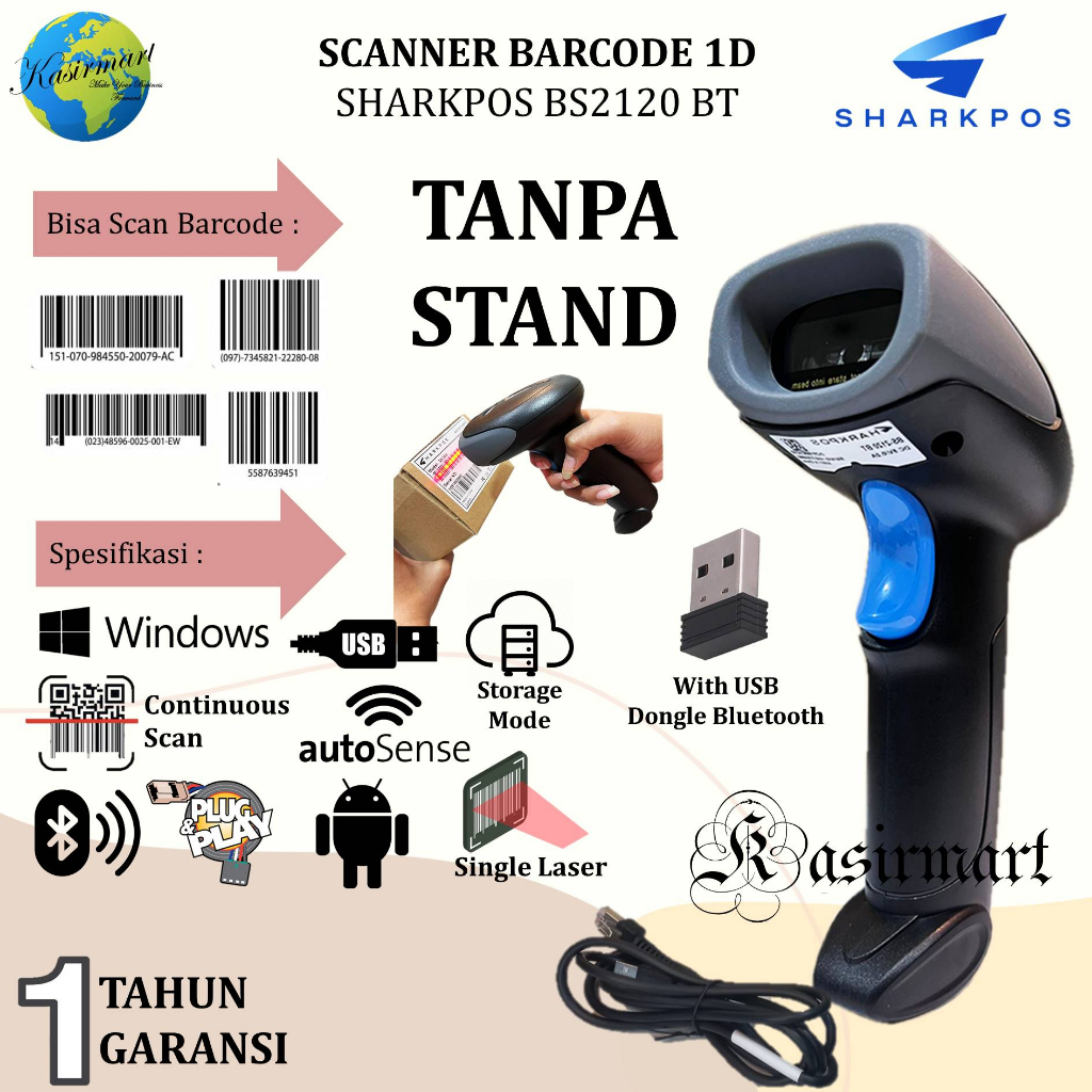 Jual Sharkpos BS 2120 Bluetooth Scanner Barcode 1D Wireless USB Scan ...