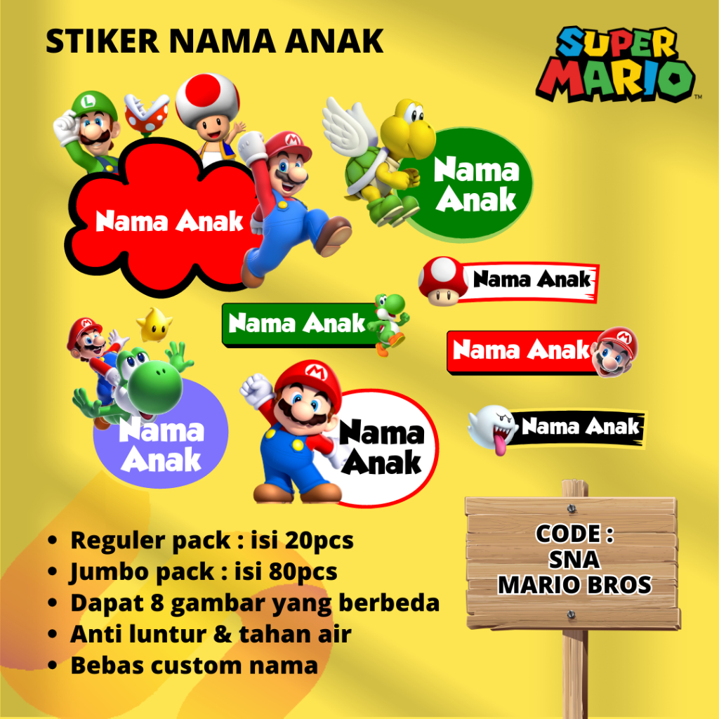 Jual MARIO BROS | STIKER NAMA ANAK BISA CUSTOM | SUN PRINTING | Shopee ...