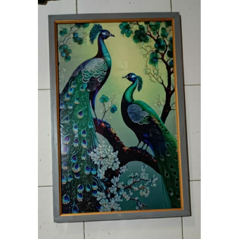 Jual hiasan dinding lukisan cetak sepasang burung merak hijau plus ...
