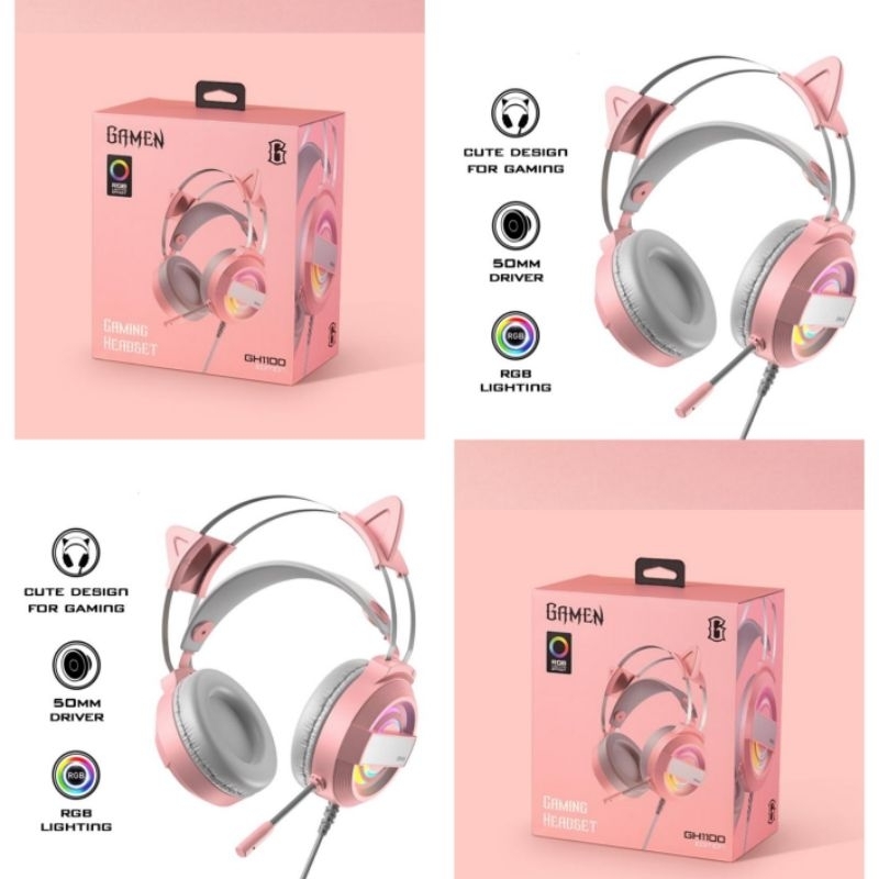 Jual GAMEN GH1100 Headphone Gaming Cat Ear Pink LED RGB Lighting ...