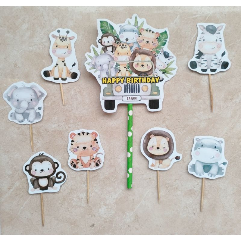 Jual isi 8 cake topper hiasan kue ulang tahun tema Zoo Taman Safari ...