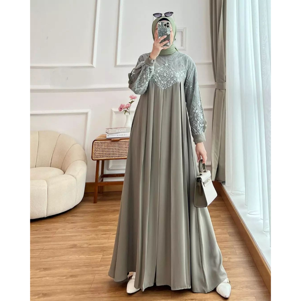 Jual GAMIS WANITA AMEENA BAHAN CERUTY BABYDOLL MIX BRUKAT TILE DRESS ...