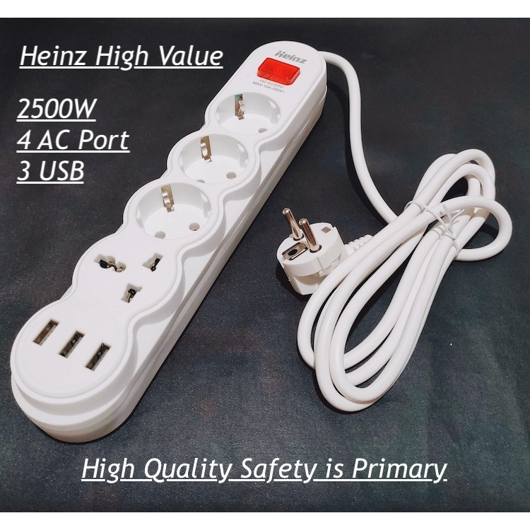 Jual Heinz HighValue 1.8M Power Strip Stop Kontak 4 Power Socket 3 USB Port | Shopee Indonesia