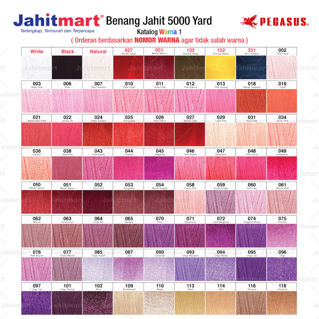 Jual (Part 1) Benang Jahit Besar 5000 Yard Merk PEGASUS Kode Warna ...