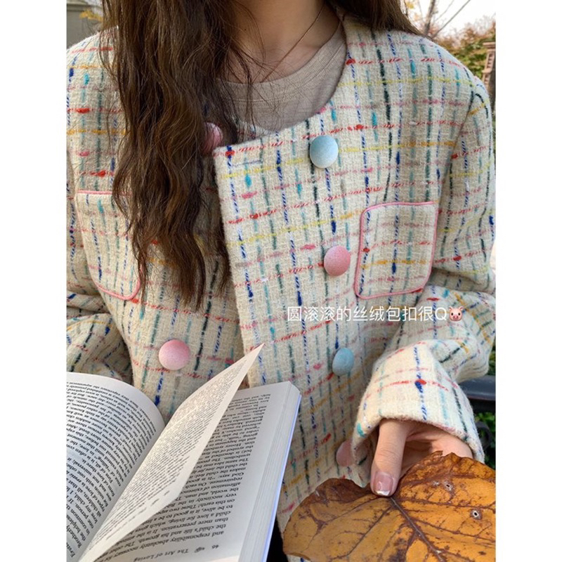 Jual Theone_ New Blazer Tweed Colored Pencil Drawing Double Breasted ...