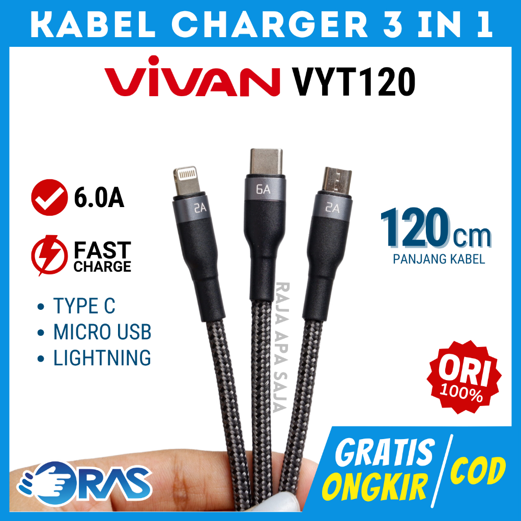 Jual Kabel Charger 3 IN 1 Micro USB Type C Lightning IP Fast Charging ...