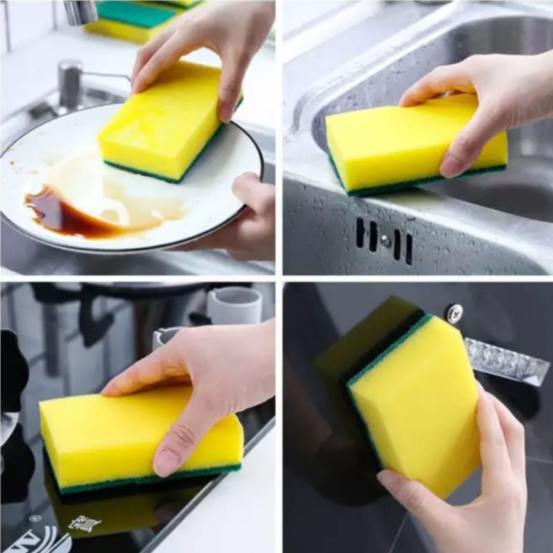 Jual spons cuci piring hijau kuning busa sponge 2 sisi | Shopee Indonesia