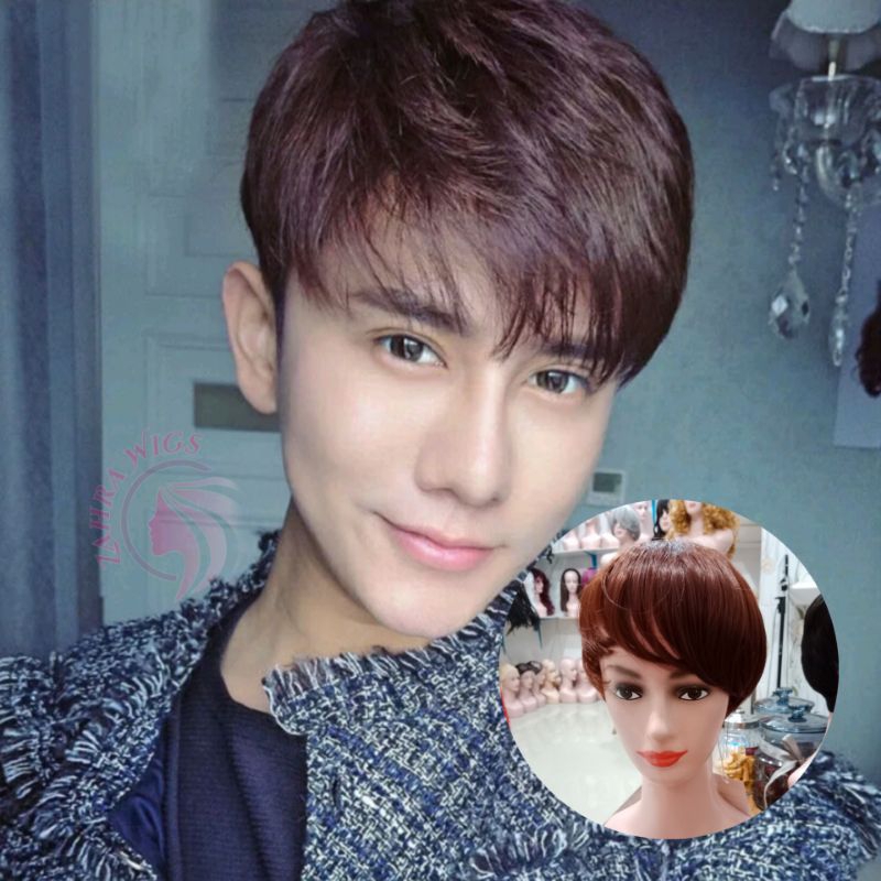 Jual Wig Pria Rambut Pendek Dengan Poni Warna Light Brown Versi Cowok ...