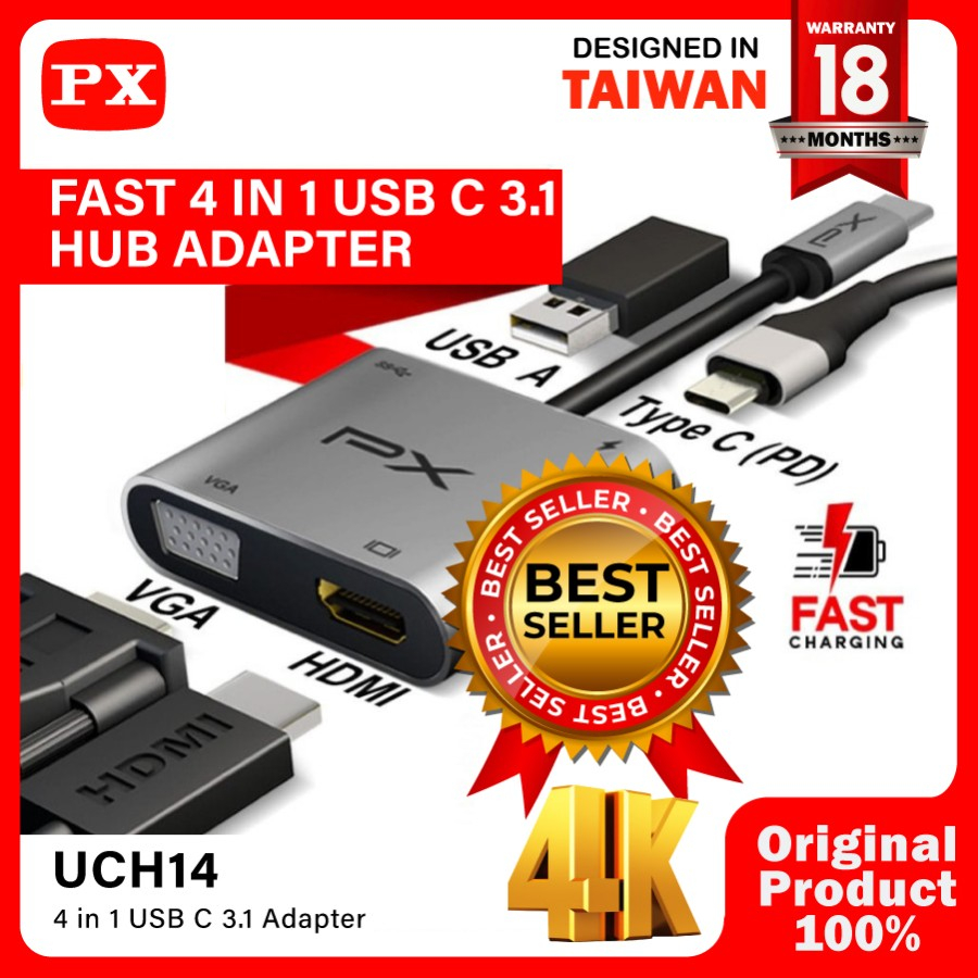 Jual PX UCH14 Hub Converter Adaptor Type C 3.1 To HDMI VGA USB 4 in 1 ...