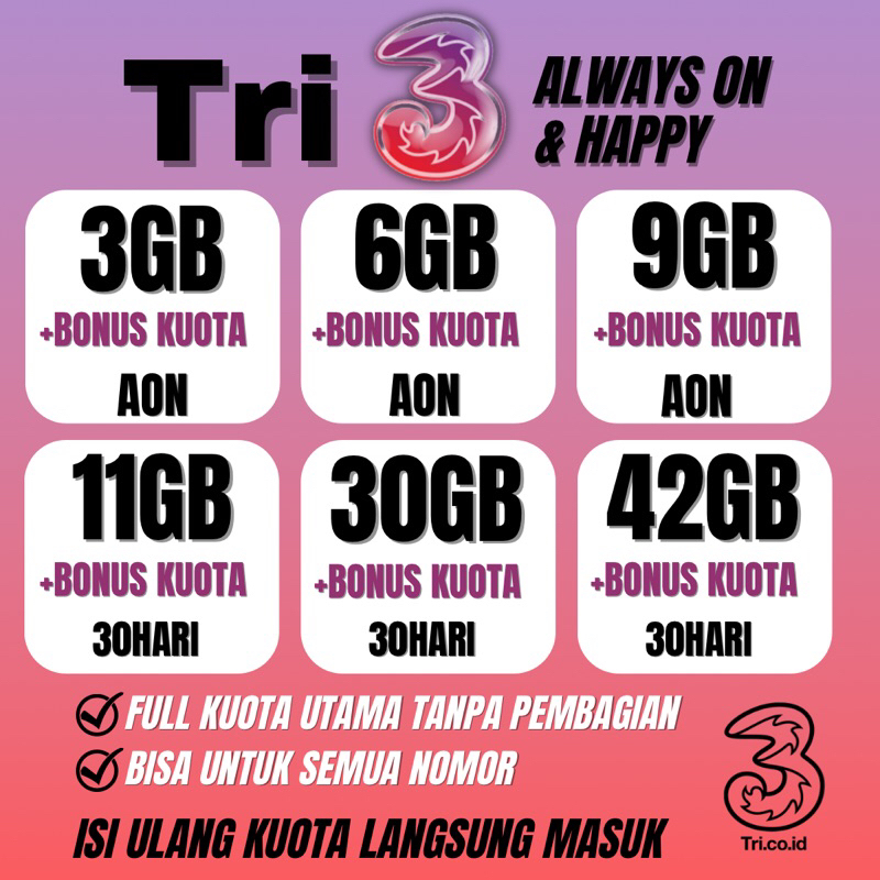 Jual PAKET DATA KUOTA TRI UNLIMITED AON HAPPY FULL 24 JAM MURAH | Shopee Indonesia