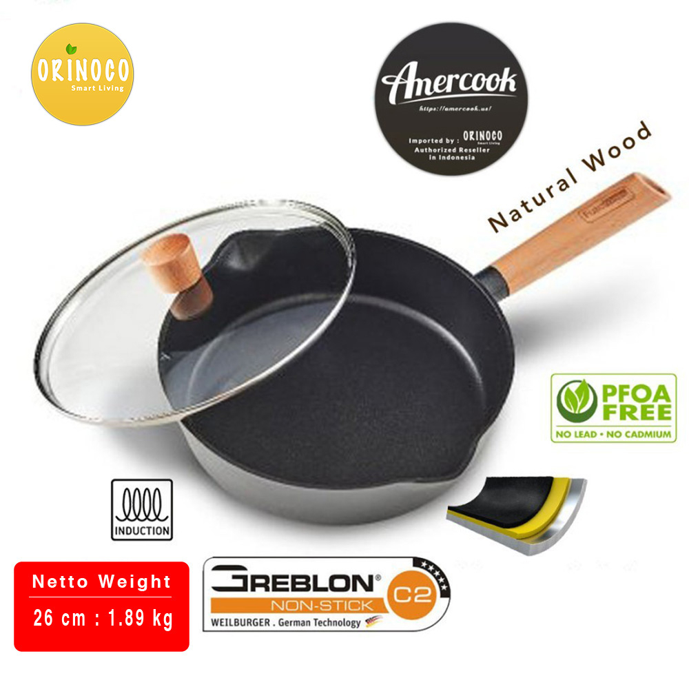 Jual AMERCOOK Saute Pan Fusomoku Deep Pegangan Kayu with Glass Lid 26 ...
