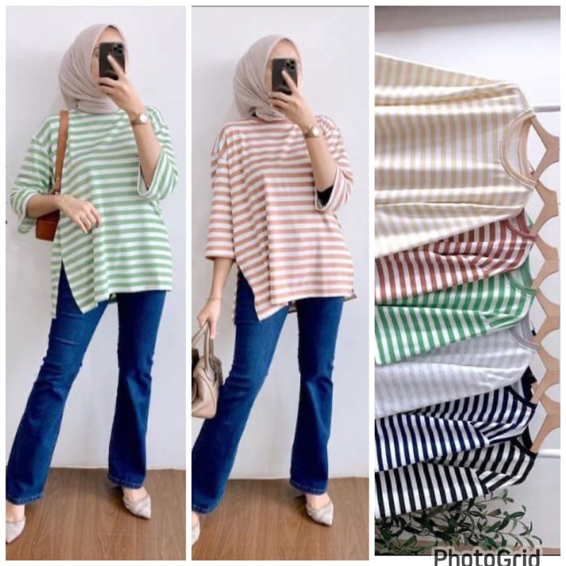 Jual 9435 atasan kaos wanita salur kaos babyterry oversize atasan ...