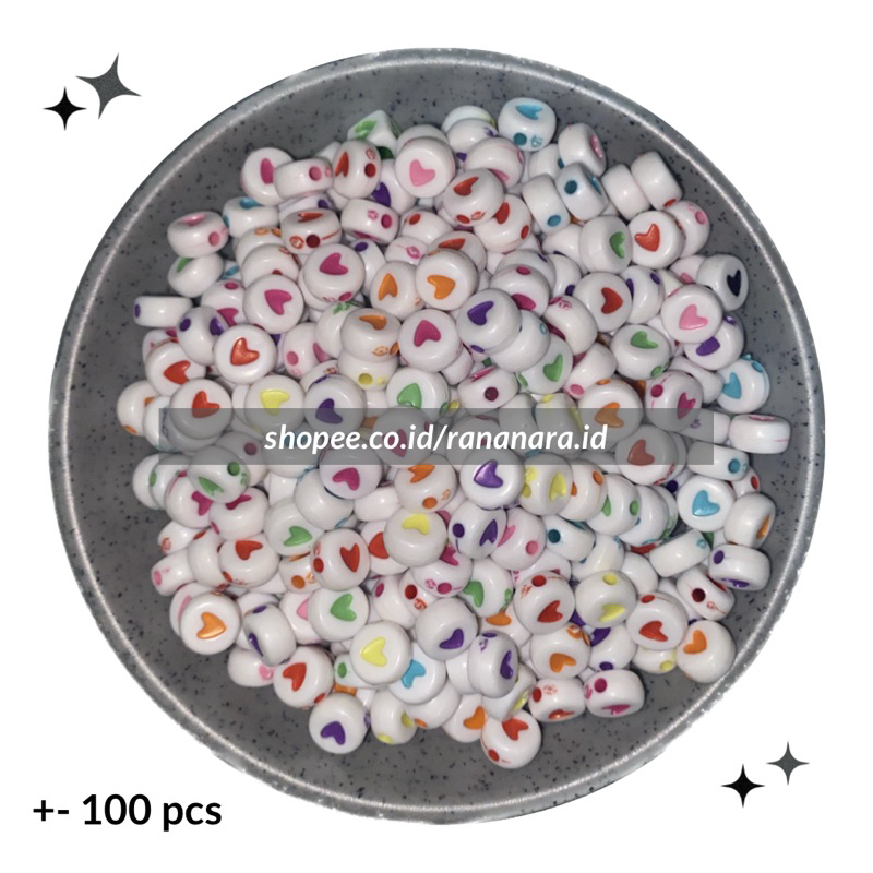 Jual (100pcs) Full Manik Bulat Hitam Putih Bintang, Hati, love, Manik ...