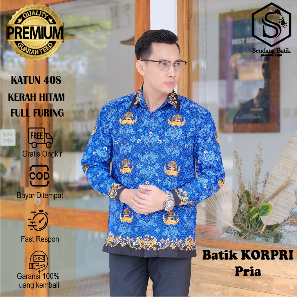 Jual Kemeja Batik KORPRI terbaru 2022 pria kerah hitam full furing bahan katun 40s lengan ...