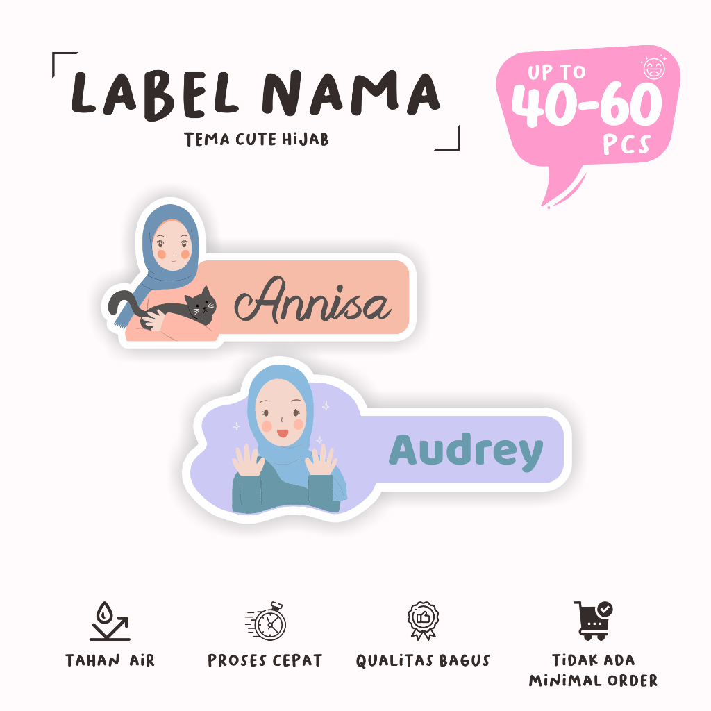 Jual (40 - 60 pcs)stiker nama lucu HIJAB|murah stiker label nama/anti ...