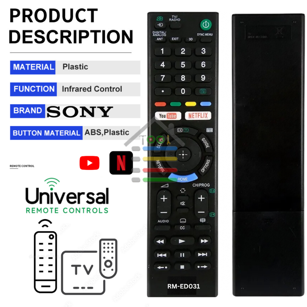 Jual REMOTE TV SONY UNIVERSAL SMART TV TABUNG LCD LED HITAM ED031 ...