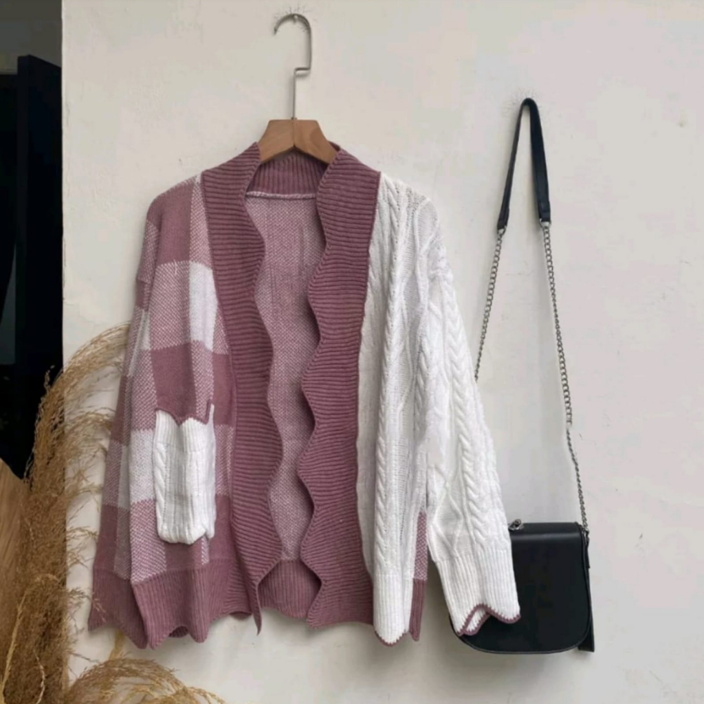 Jual Cardigan Outer Rajut Wanita Cable Mix Square Kotak Kombinasi 2 Warna | Shopee Indonesia