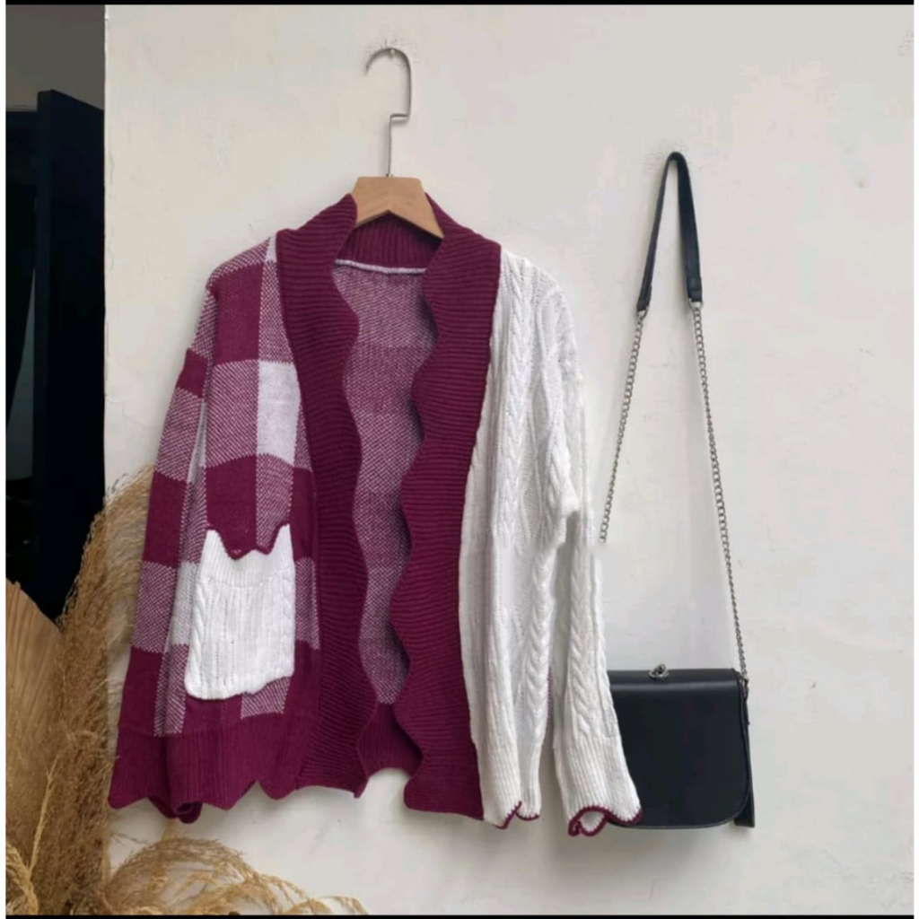 Jual Cardigan Outer Rajut Wanita Cable Mix Square Kotak Kombinasi 2 Warna | Shopee Indonesia
