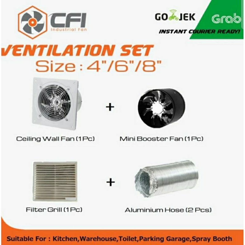 Jual 4" in ventilation set(ceiling fan + 2 alumunium duct+ mini booster ...