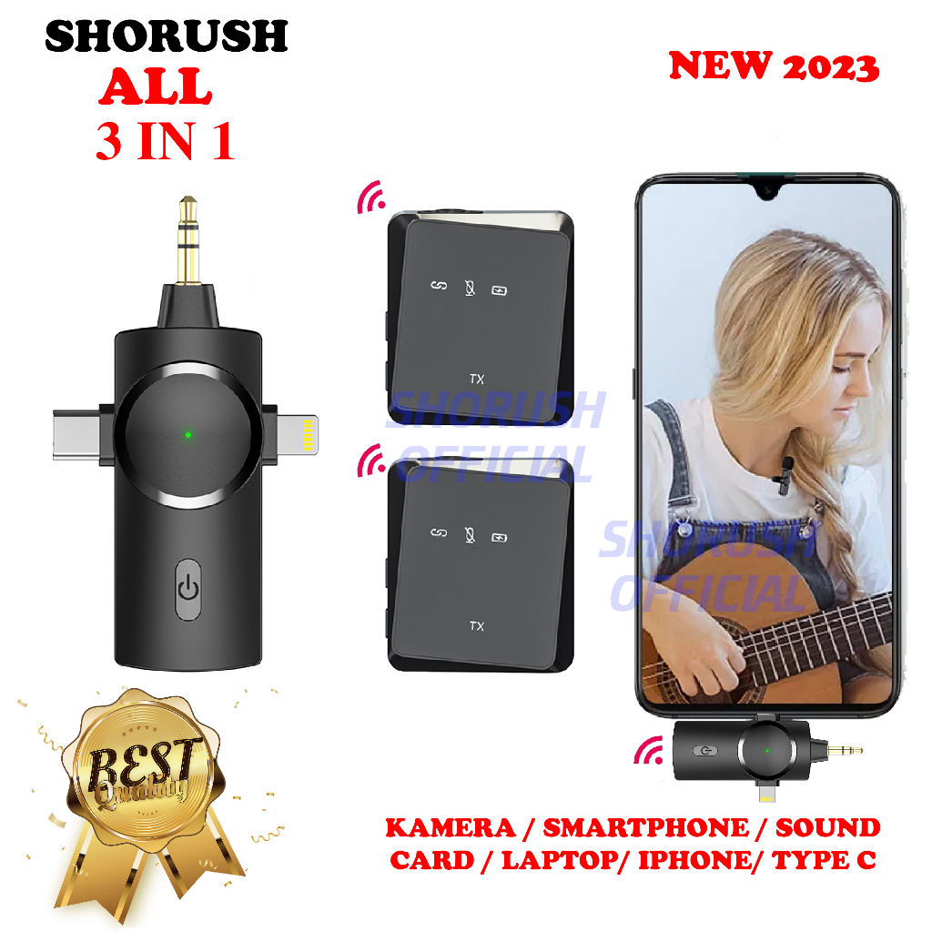 Jual Shorush ALL 3 In 1 Dual Microphone 2 Transmitter Mic Clip On Wireless UHF VLOG Smartphone ...