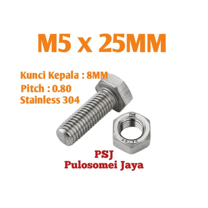 Jual Baut Mur Hex Stainless Steel 304 Size M5 x 25 mm | Shopee Indonesia