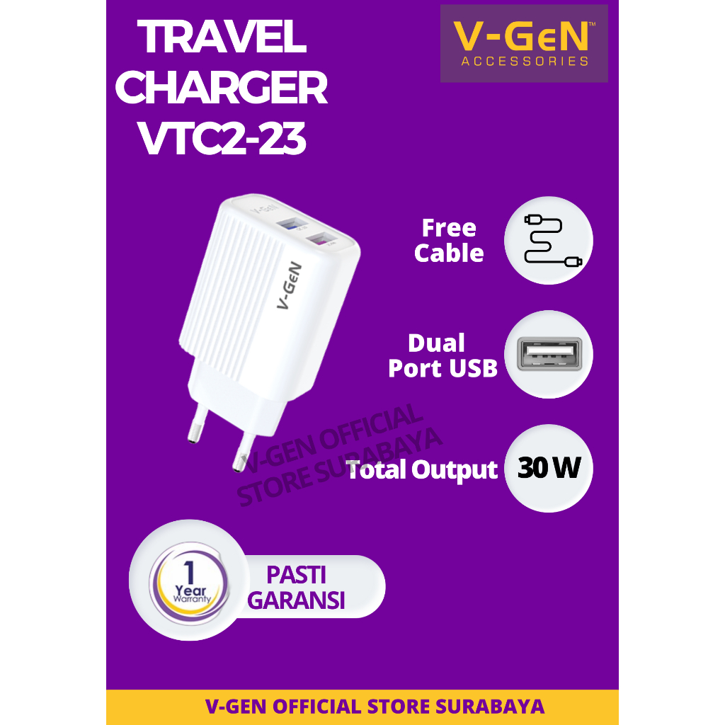 Jual Adaptor Charger V-GeN VTC2-23 Fast Charging QC3.0 Dual Port USB ...