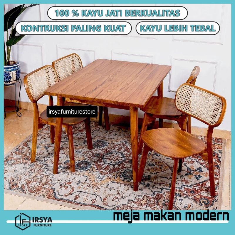 Jual Meja Makan Minimalis Modern Kayu Jati / Kursi Makan Set Sandaran Rotan / Dining Table Jati ...