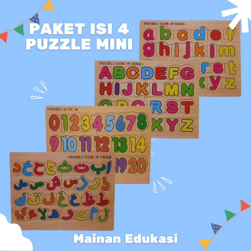Jual Paket isi 4 Puzzle Mainan Edukasi Anak Puzzel Kayu Angka Hijaiyah ...