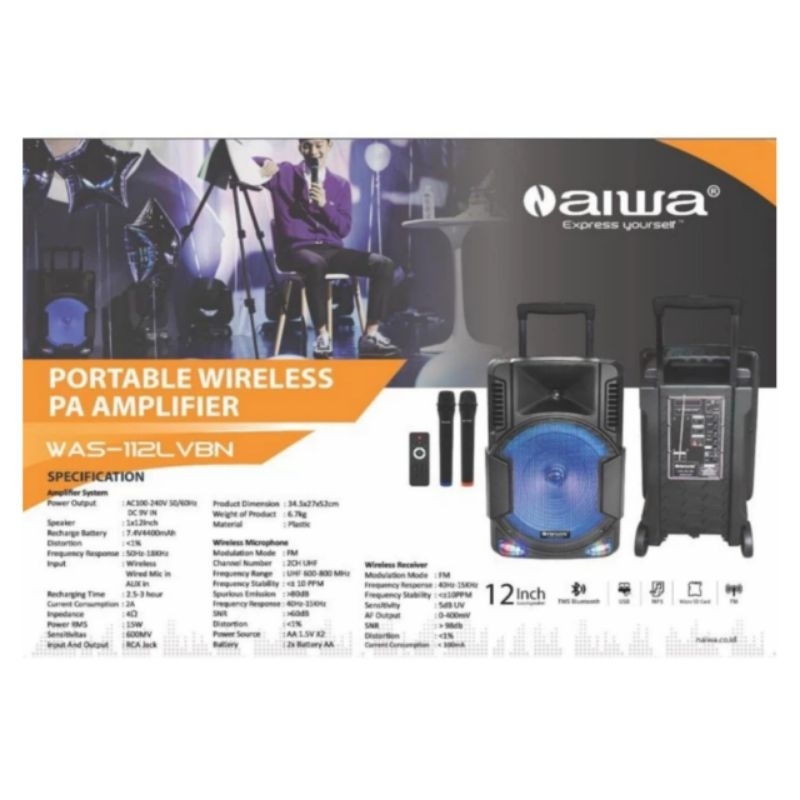 Jual speaker portabel aktif 12 inch n aiwa 112 lvbn, 2 mik wireless,usb ...