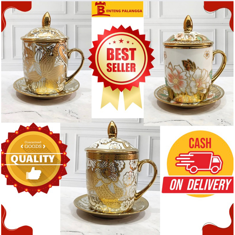 Jual mug tutup + alas orchid keramik batu cangkir minum kopi teh tahan ...