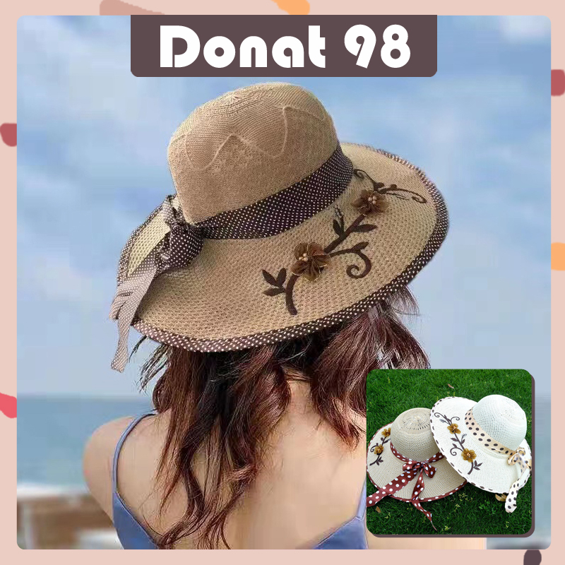 Jual [BAYAR DI TEMPAT] Topi Pantai Bulat Jerami Rajut Wanita Aksen Bunga Pita Topi Musim Panas ...