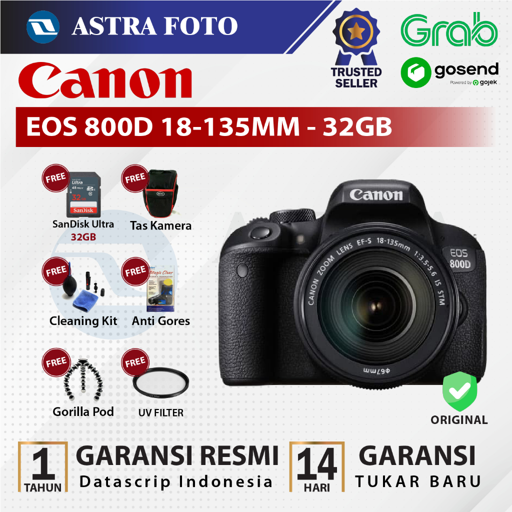 Jual CANON EOS 800D 18-135MM IS STM PAKET 32GB GARANSI RESMI - KAMERA ...