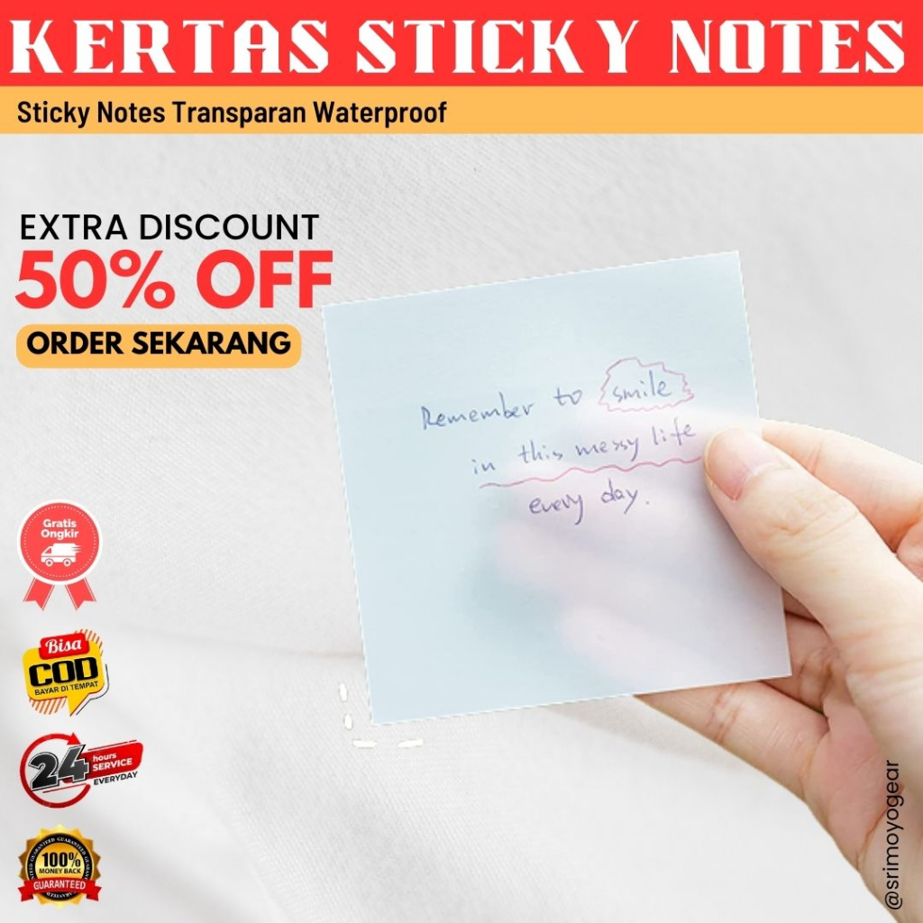 Jual Kertas Sticky Notes Transparan Waterproof 5x7.6cm 50 Lembar ...