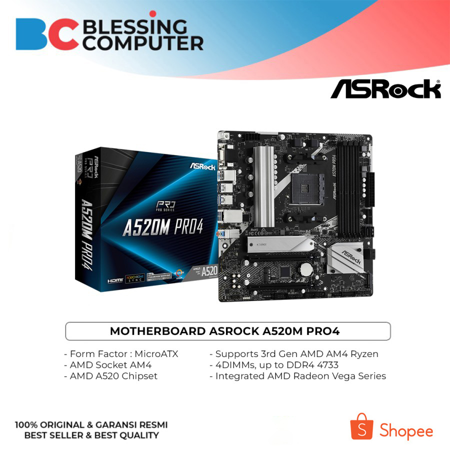 Jual Motherboard ASROCK A520M PRO4 90-MXBDU0-A0CAYZ | Shopee Indonesia