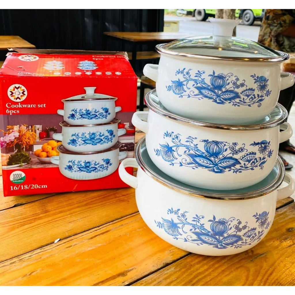 Jual Panci set enamel 3 susun+ tutup kaca/panci bunga/panci susun bunga ...