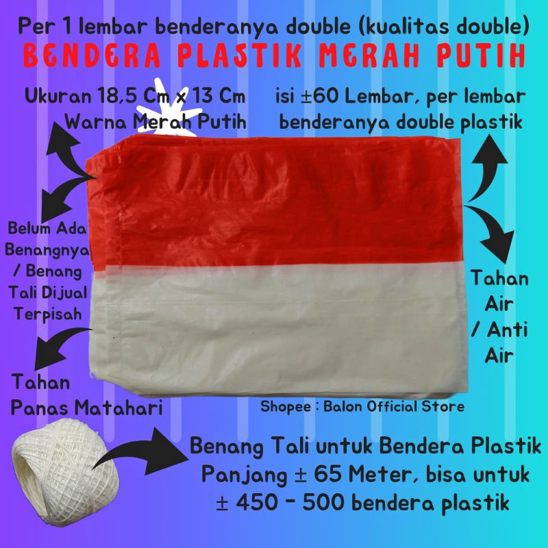 Jual Dirgahayu Bendera Plastik Merah Putih # ukuran TALI BENANG ± 65 ...